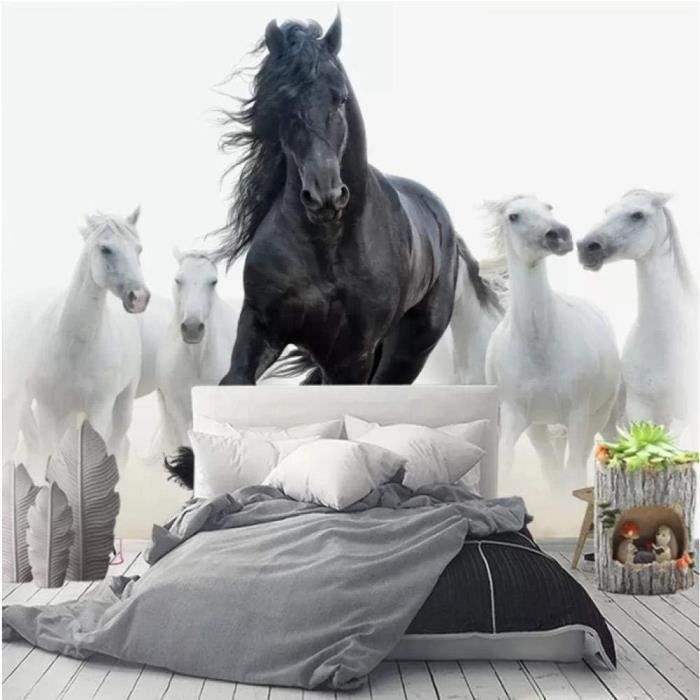 Papier Peint Chambre Enfant Cheval noir cheval blanc décoration murale ...