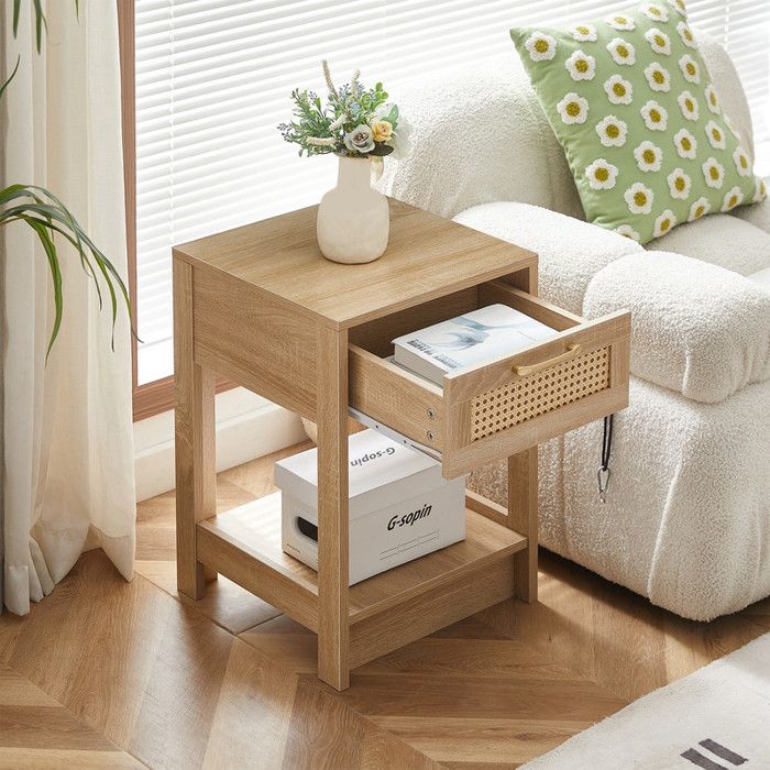 Table de chevet moderne en rotin - avec tiroir aspect bois naturel ...