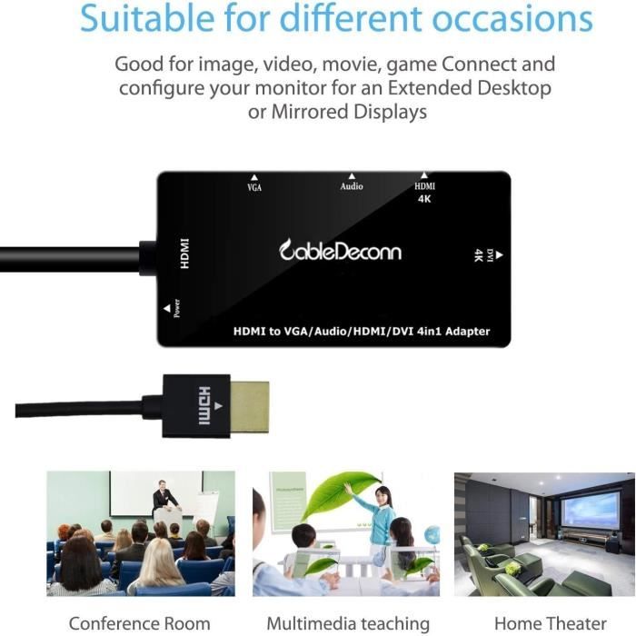 Cabledeconn Multiport 4-in-1 HDMI to HDMI DVI 4 K VGUn câble avec ...