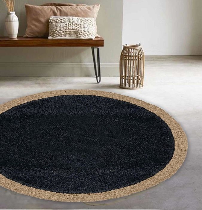 Tapis Rond en Jute et Coton, 120 cm, Noir et Jute, Dylrev - Cdiscount Maison
