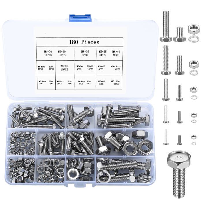 Jeu de boulons et écrous hexagonaux avec rondelles,vis à métaux 180 pièces,jeu de boulons ...