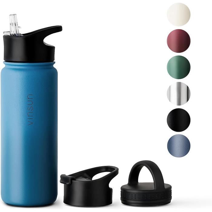 Gourde Isotherme 500Ml Inox Avec Paille (3 Bouchons) Étanche, Sans Bpa ...