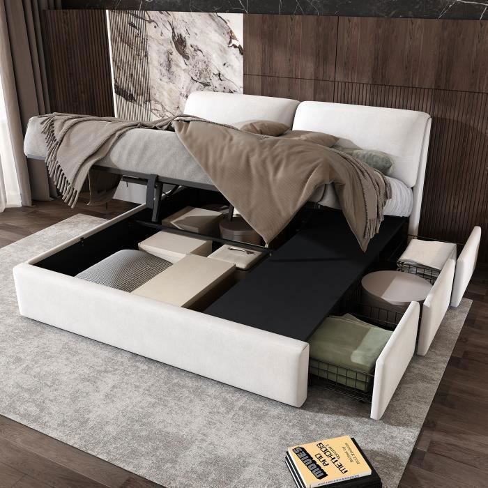 O.Ye Lit double 180×200 cm Lit coffre 2 personnes Trois tiroirs ...