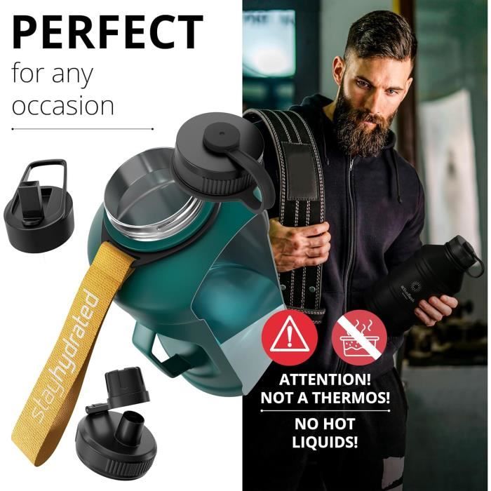 Gourde en acier inoxydable ACTIVE FLASK + paille (3 couvercles) | Grande bouteille de sport 2,2 ...