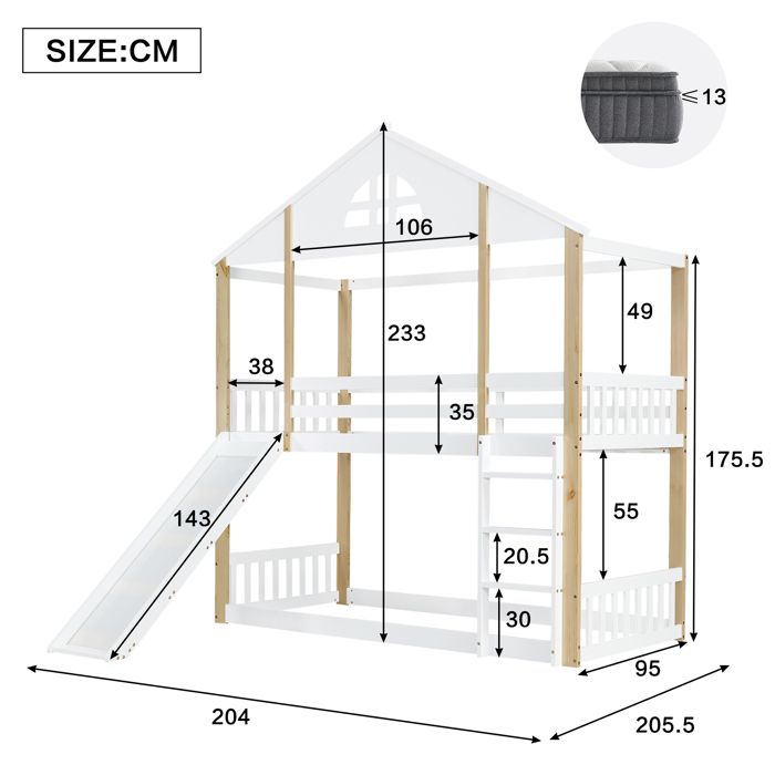 Lit Superposé Enfant 90x200cm avec Toboggan et Barrière Anti Chute ...