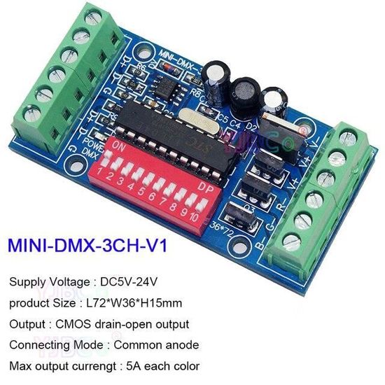 APPAREIL DE COMMANDE LED,MINI-DMX-3CH-V1--Décodeur DMX512 LED 5V 12V 24V, carte contrôleur, RGB ...
