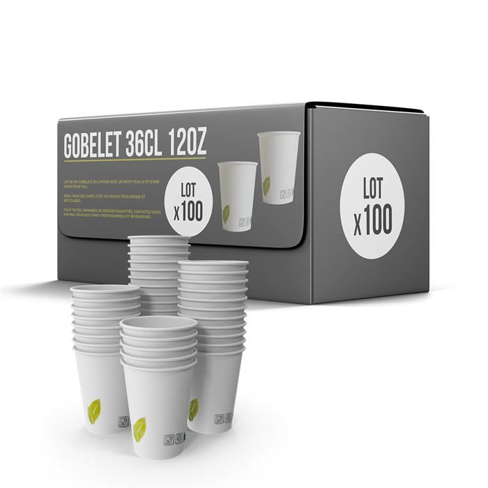 Lot de 100 Gobelets 36cl /12oz Jetables en Carton Blanc 100% Biodégradable - Gobelet à café en ...