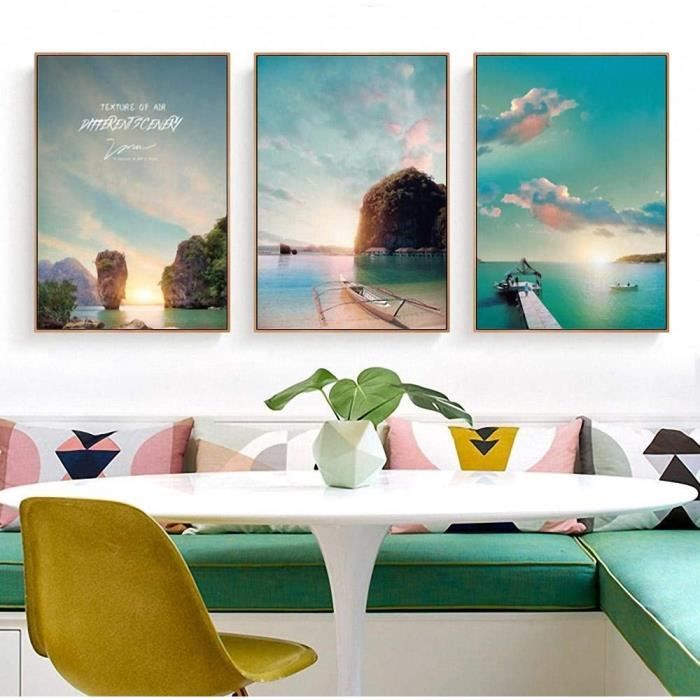 3 Pièces Art Mural Moderne Vert Bord De Mer Mur Photos Plage Toile ...