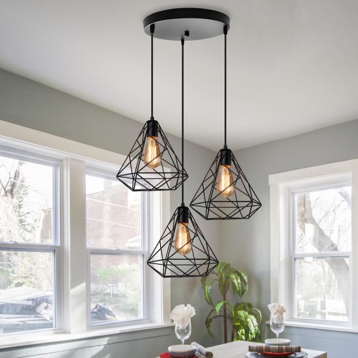Sayoo Lustre Suspension Industrielle Cage Diamant Métal 3 têtes Ø25cm ...