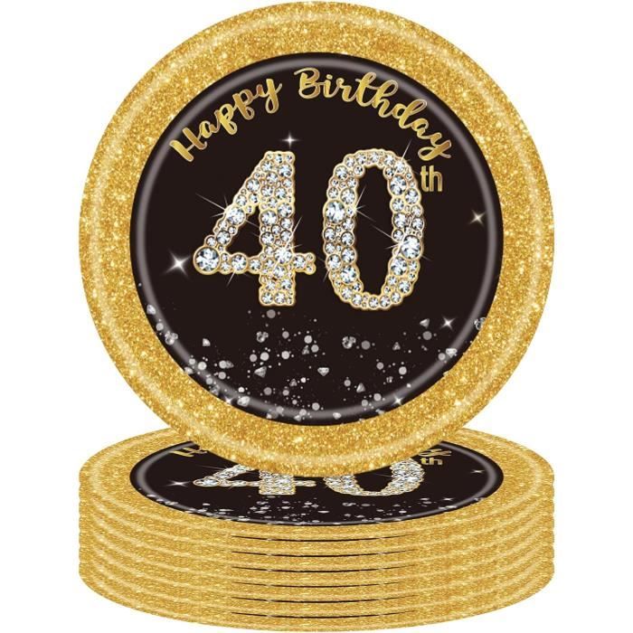 Lot de 16 assiettes en carton pour 40e anniire Noir-doré 17,8 cm Happy ...