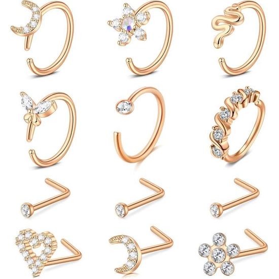 Mix Style 18G Piercing Nez Anneaux Acier Chirurgical Avec Diamante Cz ...