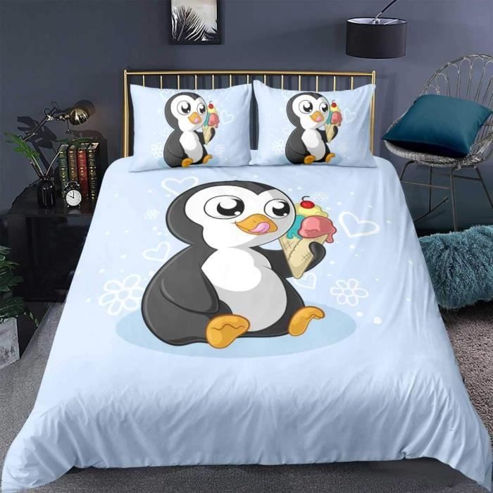 Housse de Couette 220x240 Enfant Pingouin Imprimée Microfibre Parure de ...