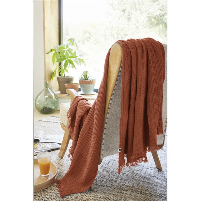 Plaid à franges 130 x 160 cm – Double Gaze de Coton – GAÏA Terracotta ...