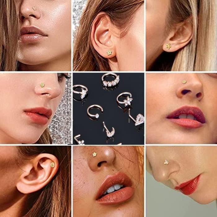 Mix Style 18G Piercing Nez Anneaux Acier Chirurgical Avec Diamante Cz ...