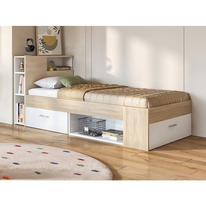 Lit avec tête de lit rangements et tiroir - 90 x 190 cm - Blanc et Naturel + Sommier - LEANDRE ...