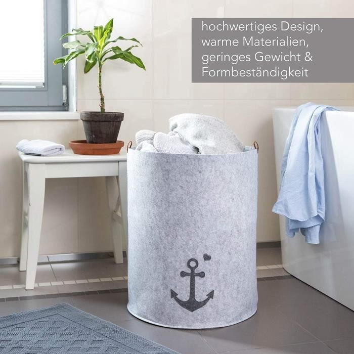 Panier à linge en feutre rond Ø 40 x 50 cm (hauteur) avec ancre gris ...