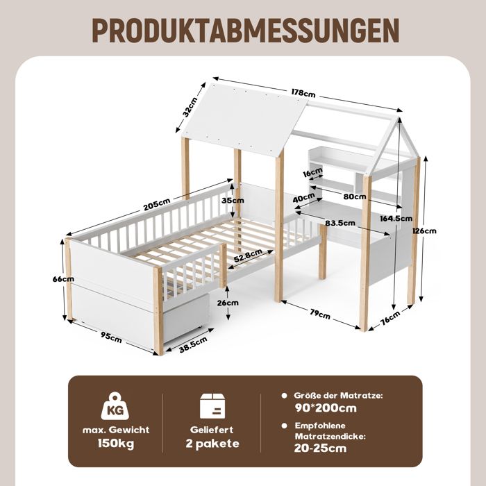 Lit cabane enfant 90x200cm bois, bureau L, rangements tiroirs, sécurité ...