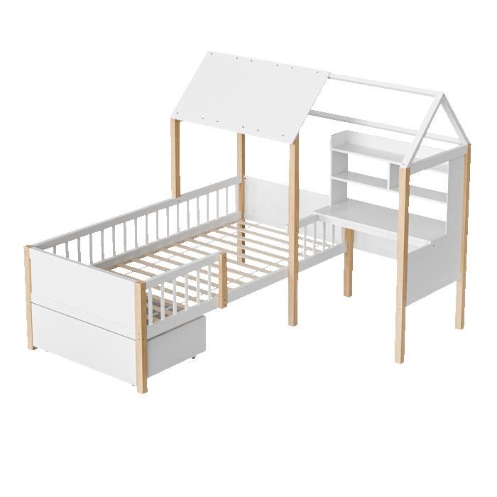 Lit cabane enfant 90x200cm bois, bureau L, rangements tiroirs, sécurité ...