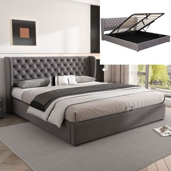Lit double capitonné 180 x 200cm Tête de lit réglable lit adult double ...