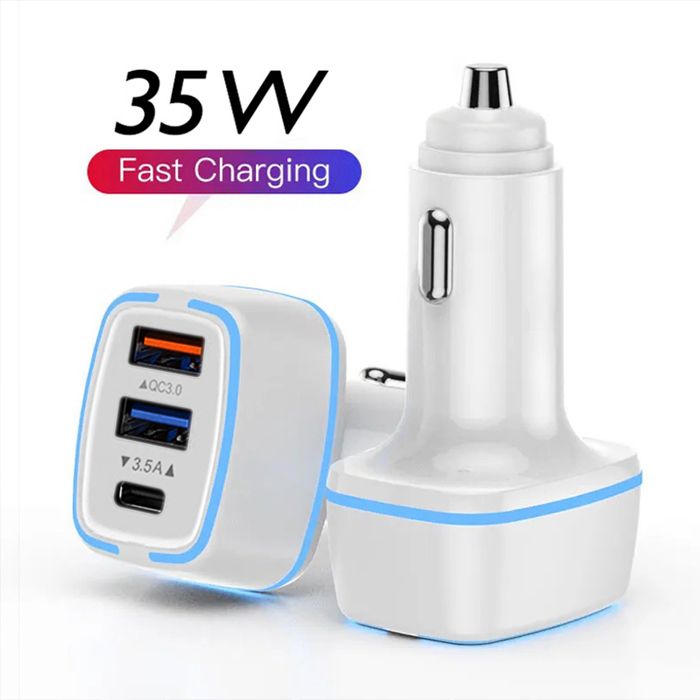 Chargeur voiture allume cigare double ports 2 USB2 et 1 USB-C 35W Blanc ...