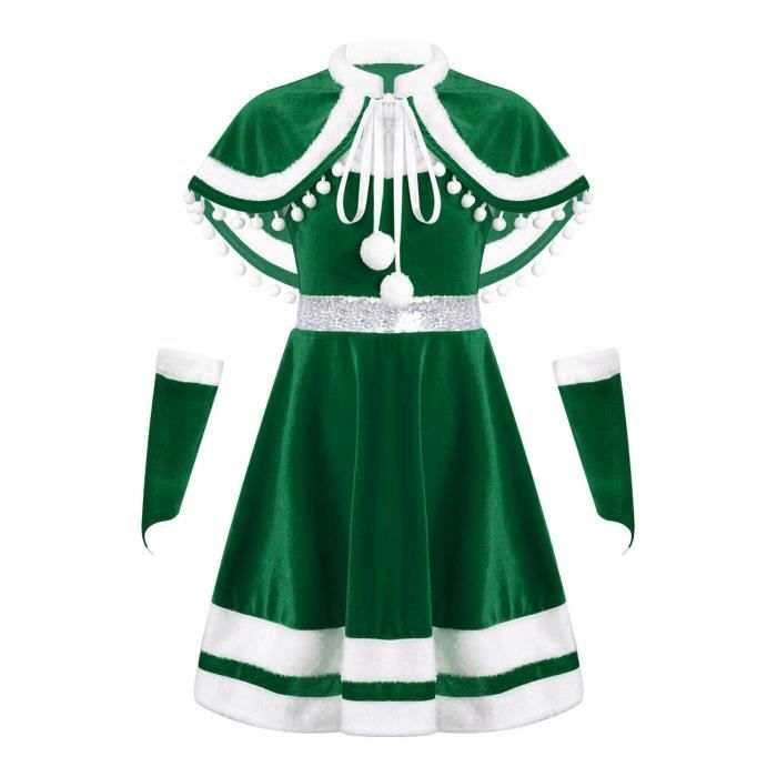 Inlzdz Enfant Fille Ensemble Déguisement Mère Noël Lutin Robe Cape
