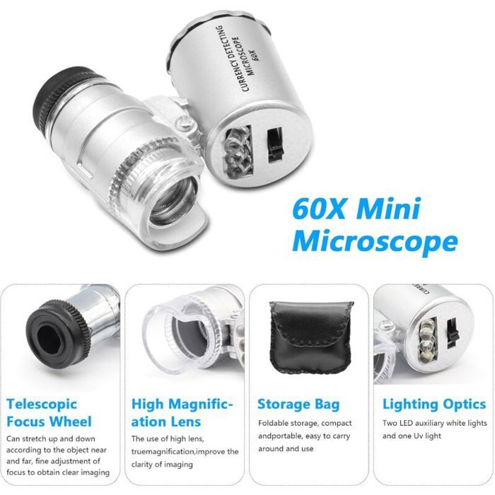 Mini microscope LED 60X loupe de poche rglable avec lumire UV idal pour ...