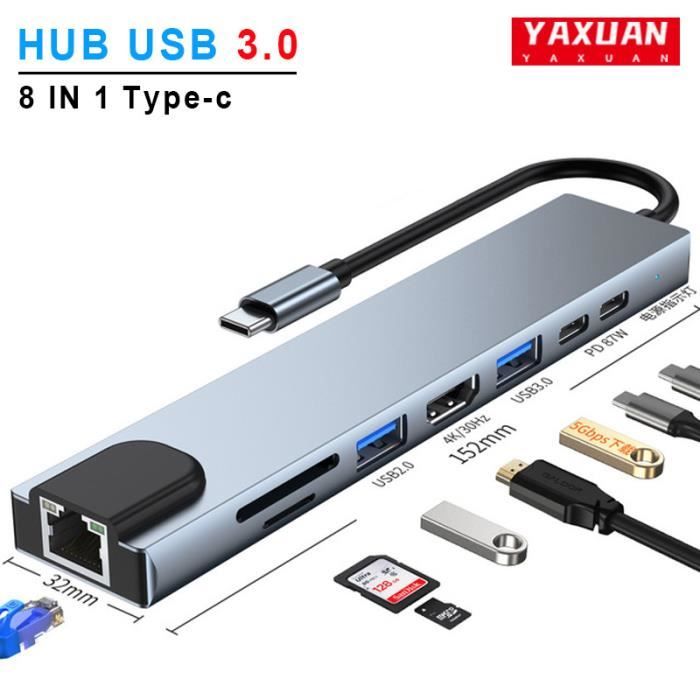 8 EN 1 Type-c - Adaptateur USB HUB C 6 en 1, USB C vers USB 3.0, Dock Compatible HDMI pour ...