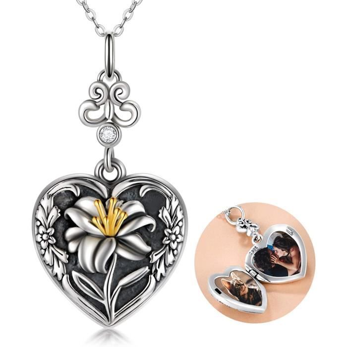 TJS-Collier Médaillon Coeur Fleur de Lotus en Argent Sterling 925 ...