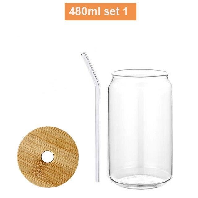 (480ml set 01)Gobelet en Verre avec Couvercle en Bambou et Paille, Carafe pour le Thé et les ...