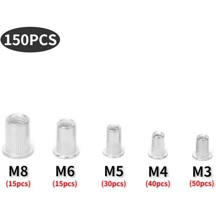150 pièces Écrou à Rivet M3 M4 M5 M6 M8, Écrou à Rivet en Aluminium ...