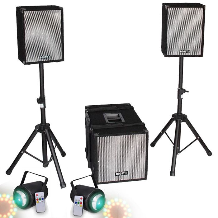 Caisson bi-amplifié mp3 800W + 2 satellites +pieds BOOST 1208 + Jeux de ...