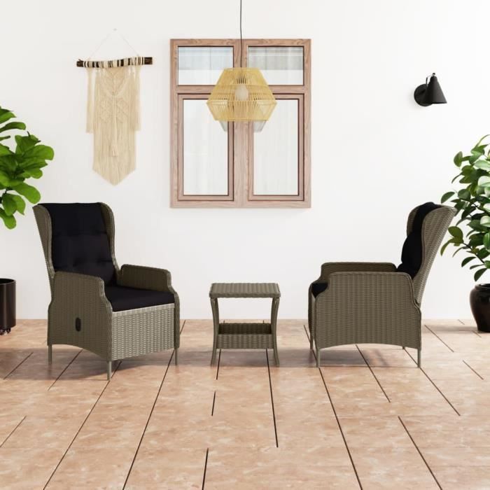 MOO Salon De Jardin 3 Pcs Avec Coussins Résine Tressée Marron ...