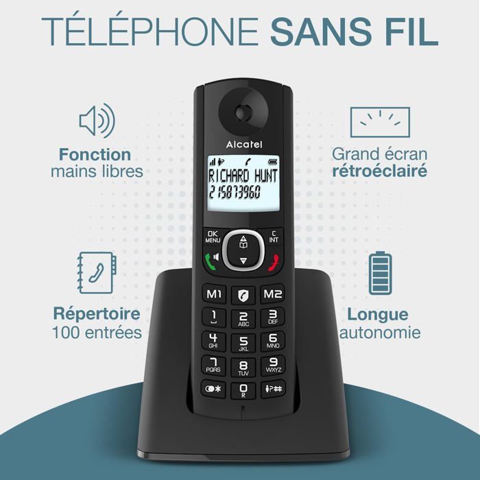 ALCATEL F530 - Téléphone Fixe Sans Fil DECT - Grand Écran Rétroéclairé - Mains Libres ...