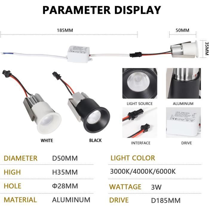 Mini Spot Led Encastrable Pour Plafond Cree Led 3 W Blanc Chaud 3000 K