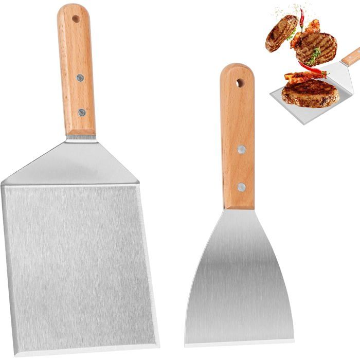Spatule Barbecue 2 pcs spatule plancha INOX spatule Manche en Bois ...