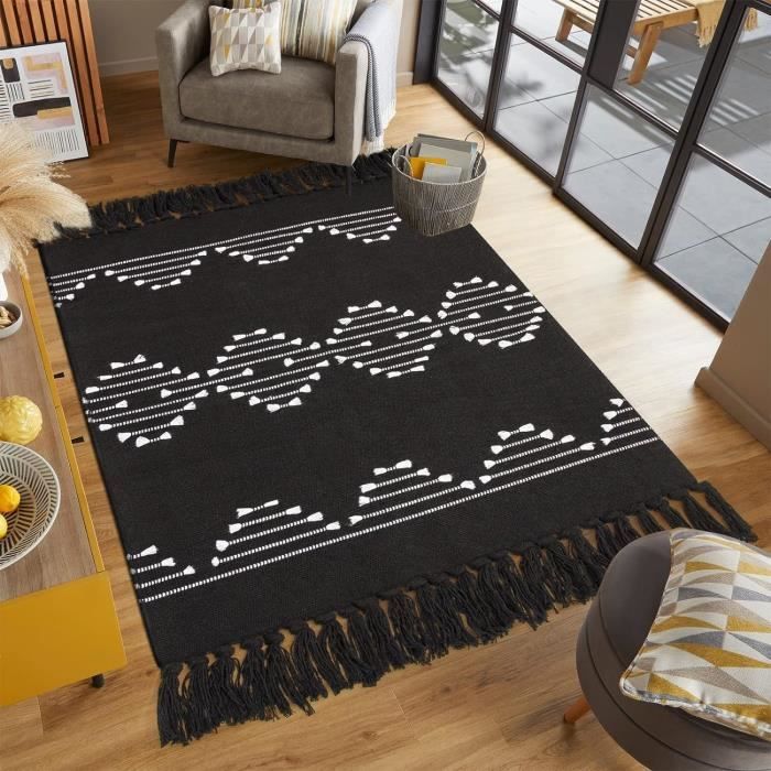 Boho Tapis Salon 90X150Cm, Noir Et Blanc Tapis En Coton Lavable En ...