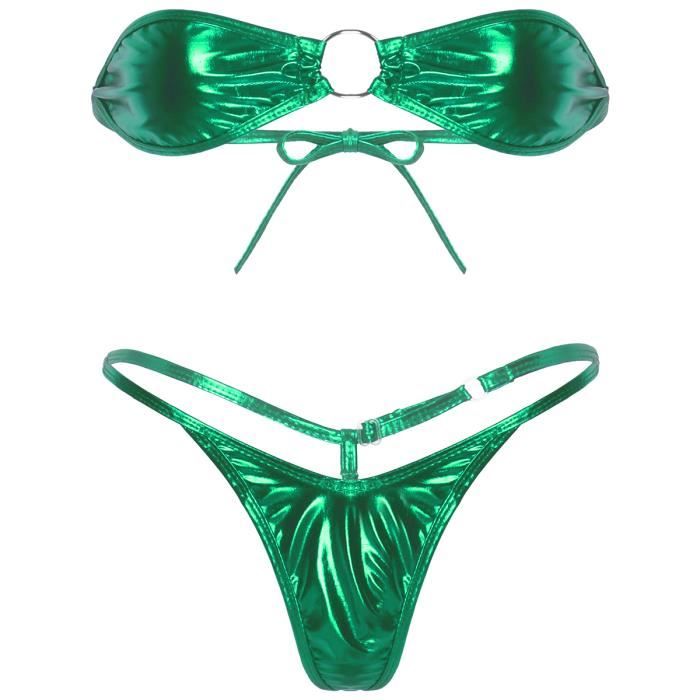 Ensemble de bikini,Bikini métallique brillant pour femmes,micro,mini ...