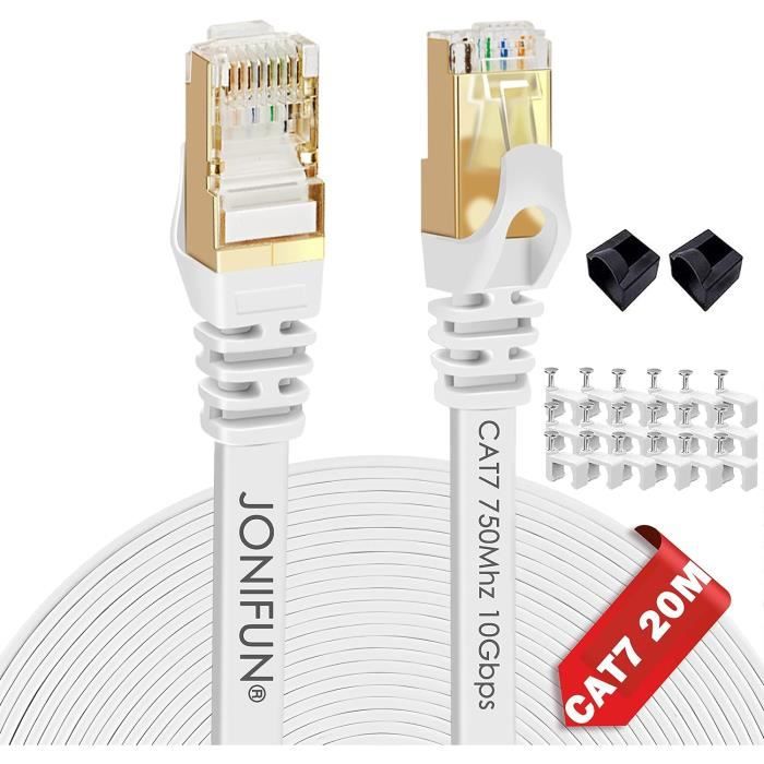 Cable Ethernet 20M Cat7 Cable réseau Plat Haut Débit Blindé RJ45 10Gbps ...