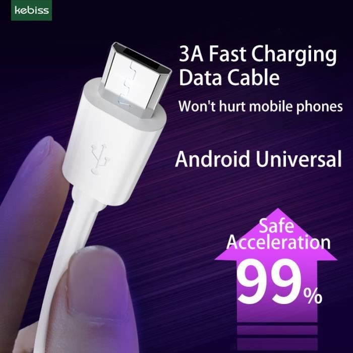 WHITE-1m -câble Micro USB 3A de 3M pour recharge rapide et transfert de ...