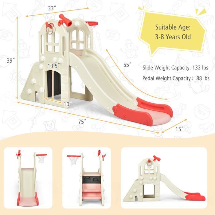 GOPLUS Toboggan pour Enfants 6 en 1 avec Rail de Protection,Pédale Détachable/Mur d’Escalade ...