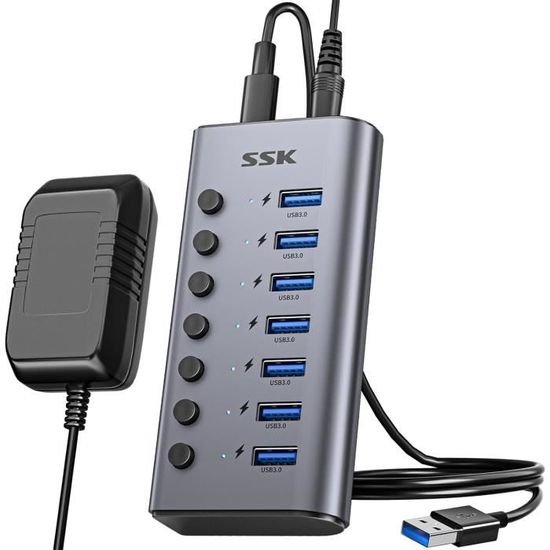 7-Port alimenté USB 3.0 Hub,div ur d’Extension USB en Aluminium avec interrupteurs individuels ...