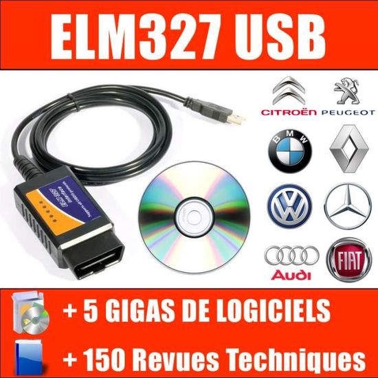 Câble Interface ELM 327 OBD2 II USB V1.5 Diagnostique Auto Multimarques ...