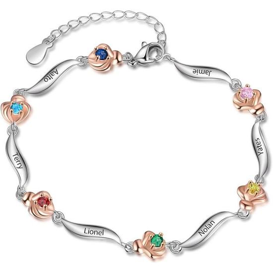 Bracelet Fleur Rose Personnalisé Avec 1-6 Noms Et Pierres De Naissance ...