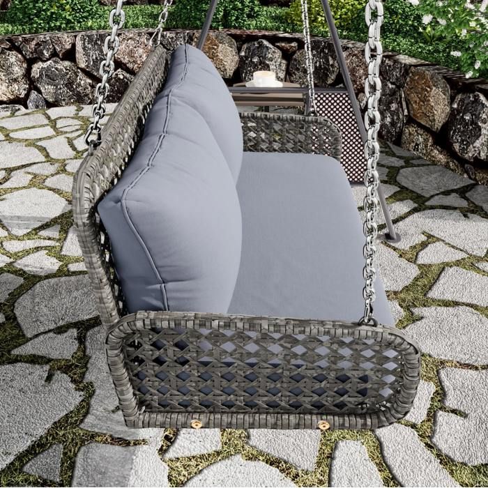 Balançoire 2 places jardin rotin PE, coussins amovibles, 2 chaînes 240 ...