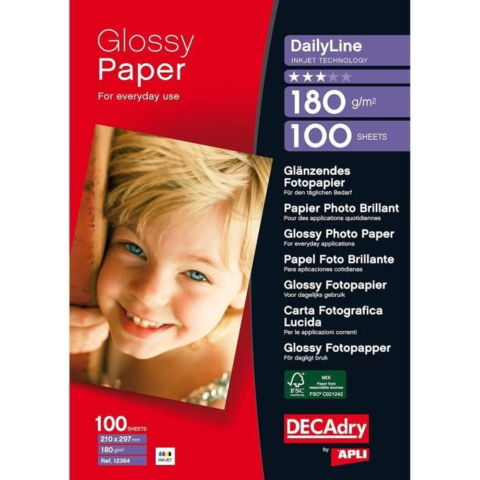 DailyLine Pack de 100 Feuilles de papier photo A4 180 g Brillant.[G692 ...