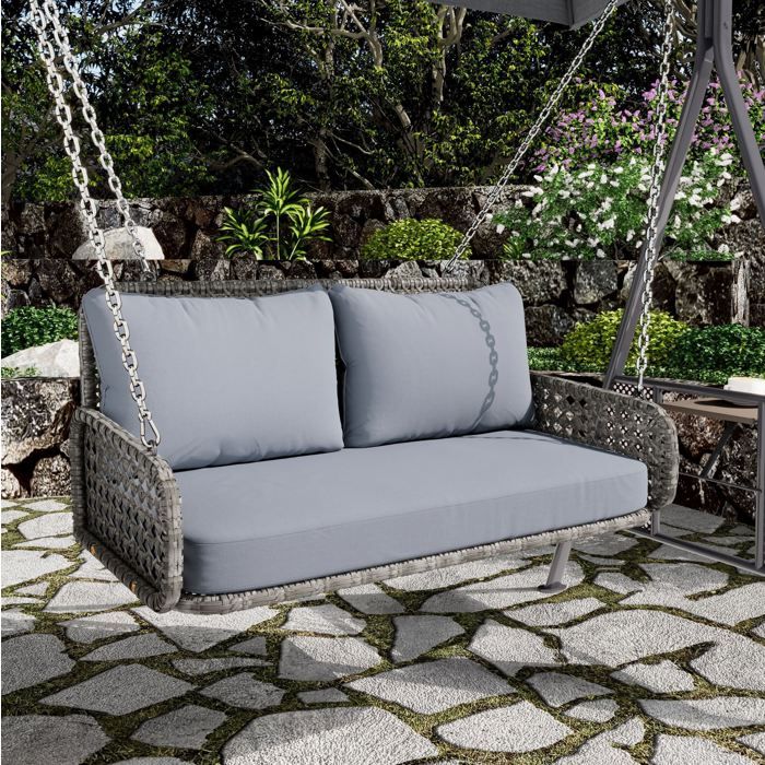 Balançoire 2 places jardin rotin PE, coussins amovibles, 2 chaînes 240 ...