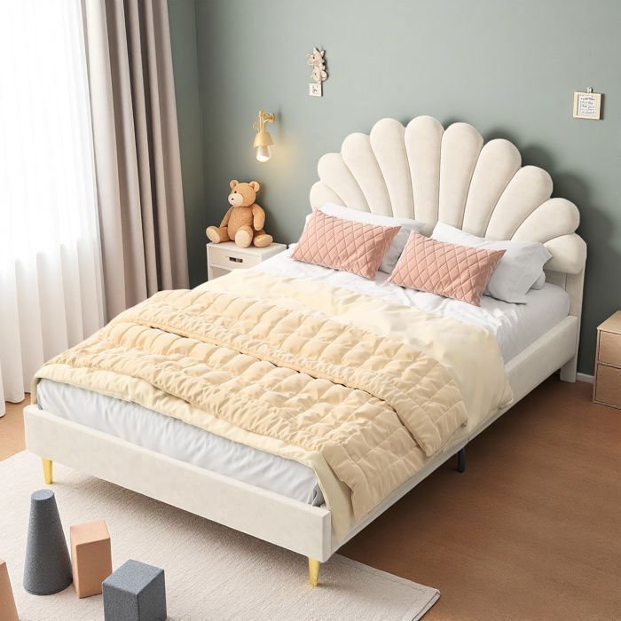 Lit 140x190 cm - COZY - Tête de lit en pétale - Velours beige - Lit ...