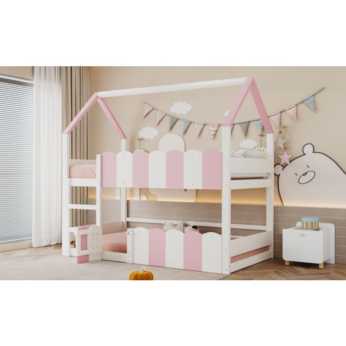 Lit superposé 90 x 200 cm avec design cabane, garde-corps, bois, blanc ...