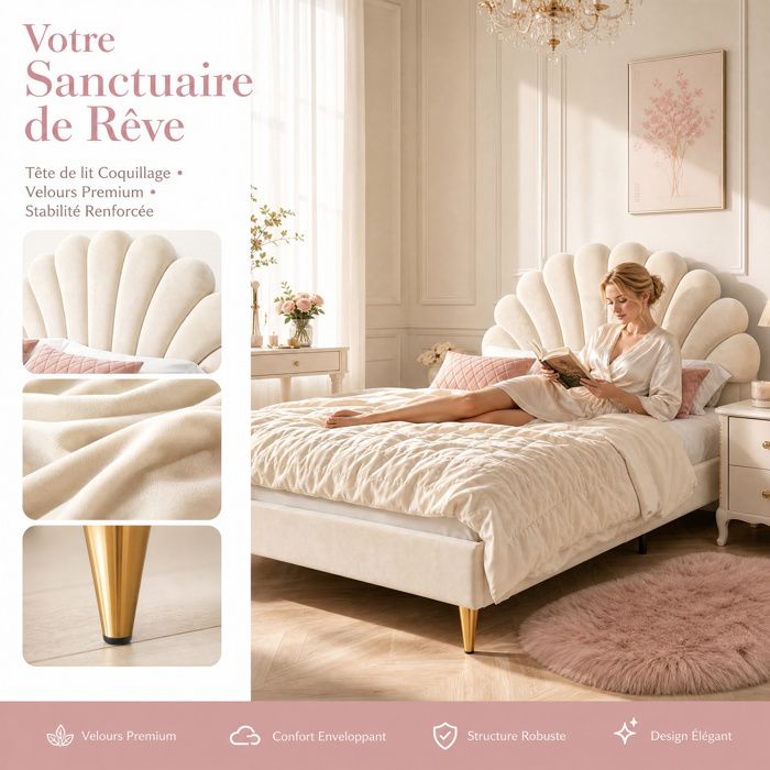 Lit 140x190 cm - COZY - Tête de lit en pétale - Velours beige - Lit ...