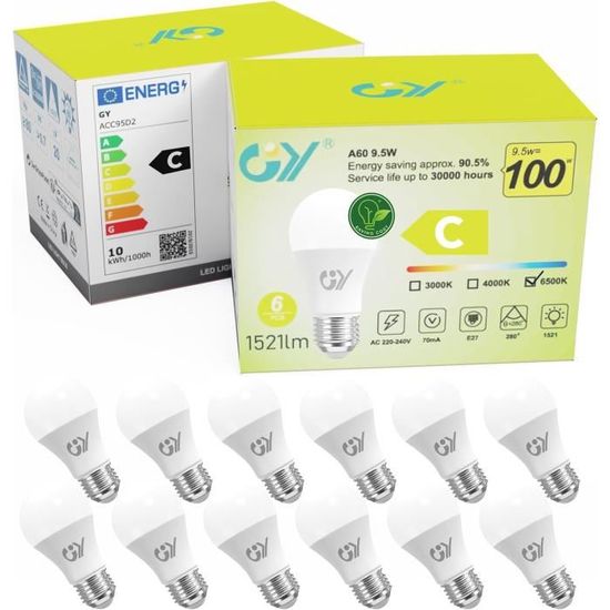 Ampoule Led E27 9,5W (Équivalent 100W), 6500K Blanc Froid 1521 Lumens, Ampoule E27 Efficacité ...
